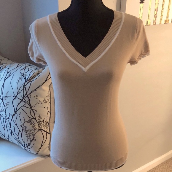 Sweaters | Tan Beige Short Sleeve Summer Sweater With White Trim And V ...